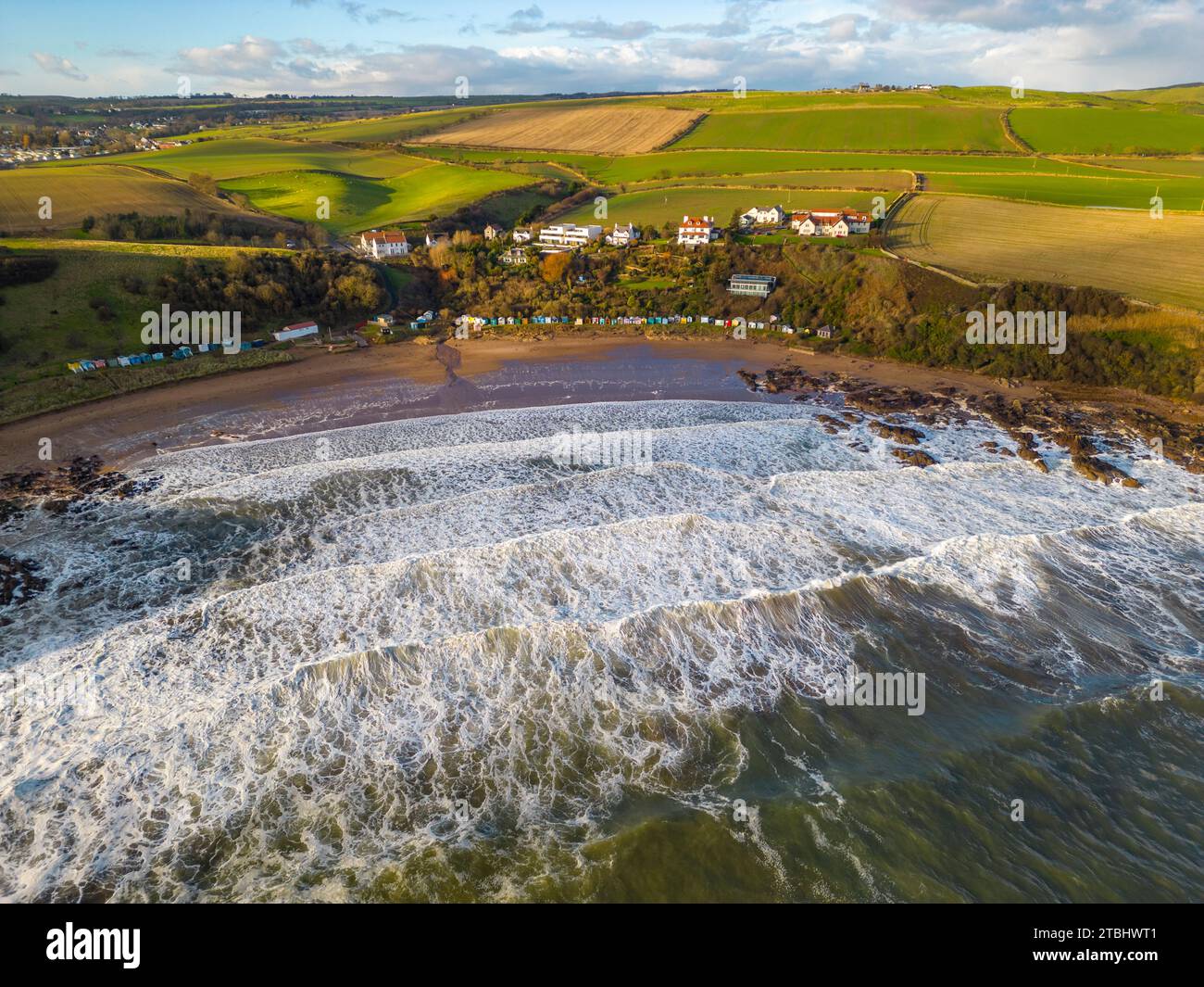 Aerial view of beach in Coldingham Bay in Scottish Borders, Scotland ...