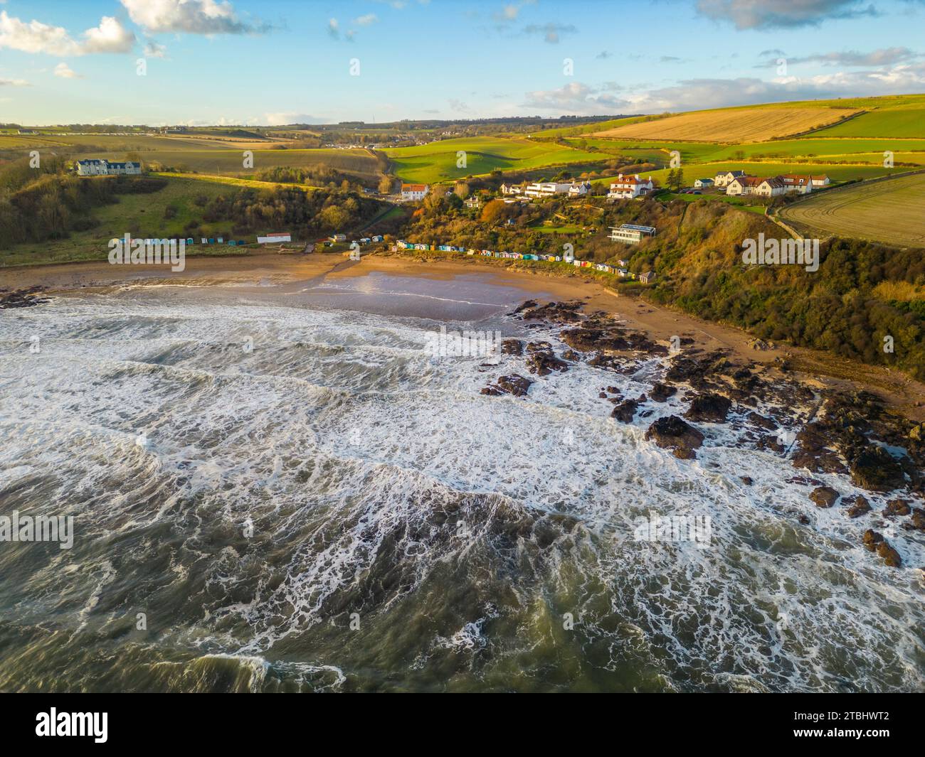 Aerial view of beach in Coldingham Bay in Scottish Borders, Scotland ...