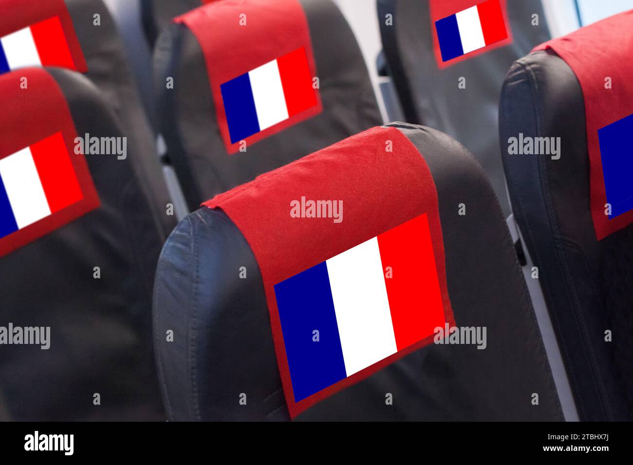French Flag on Empty seat in plane. Travel, flight and transportration ...