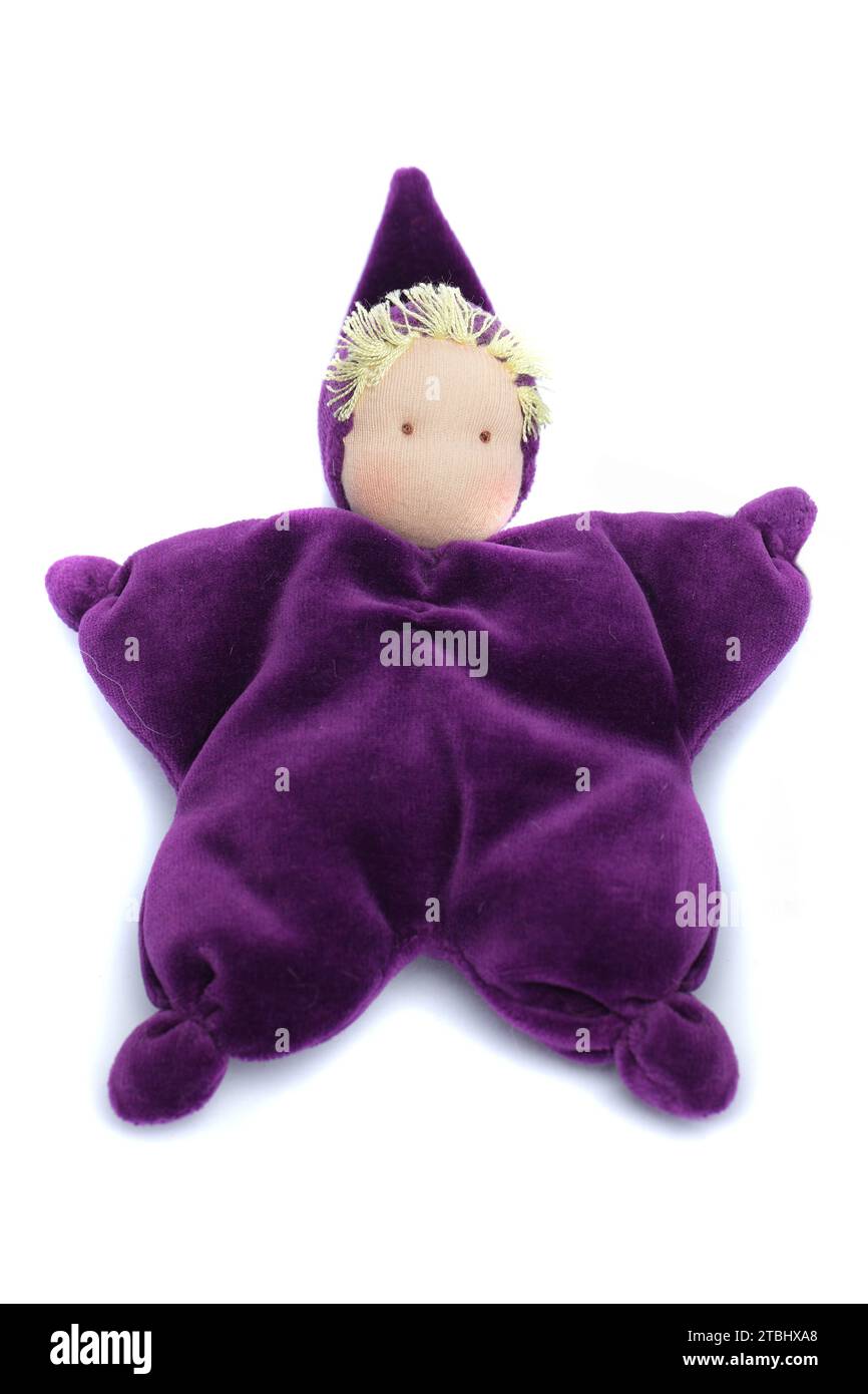 Bright blue plush handmade baby toy isolated on white background ...