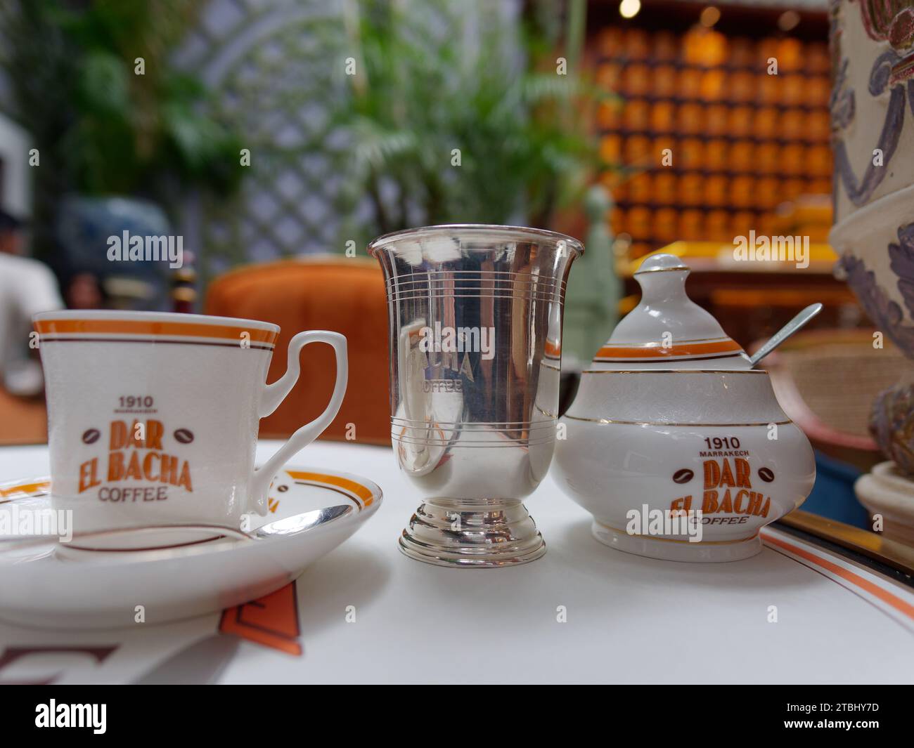 Bacha Coffee Cafe inside Dar el Bacha Palace. Close up of coffee mugs ...