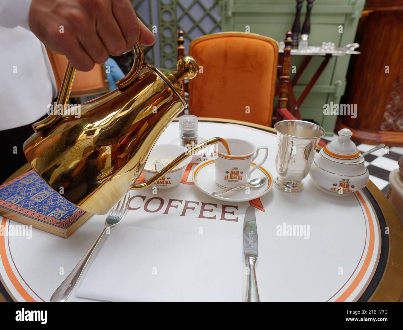 Bacha Coffee Cafe inside Dar el Bacha Palace. Coffee poured from brass ...