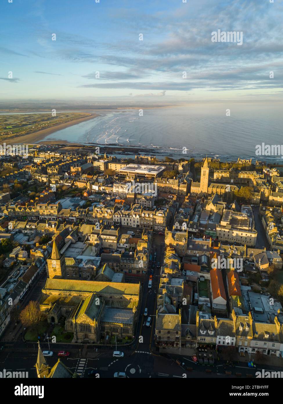 Aerial view of St Andrews town in winter sunshine, Fife, Scotland, UK ...