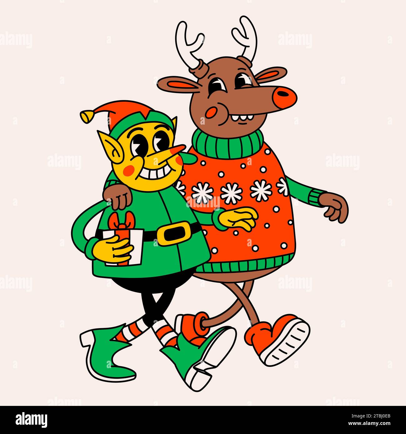 Retro cartoon Christmas deer and Elf. Groovy vintage 70s funny reindeer ...