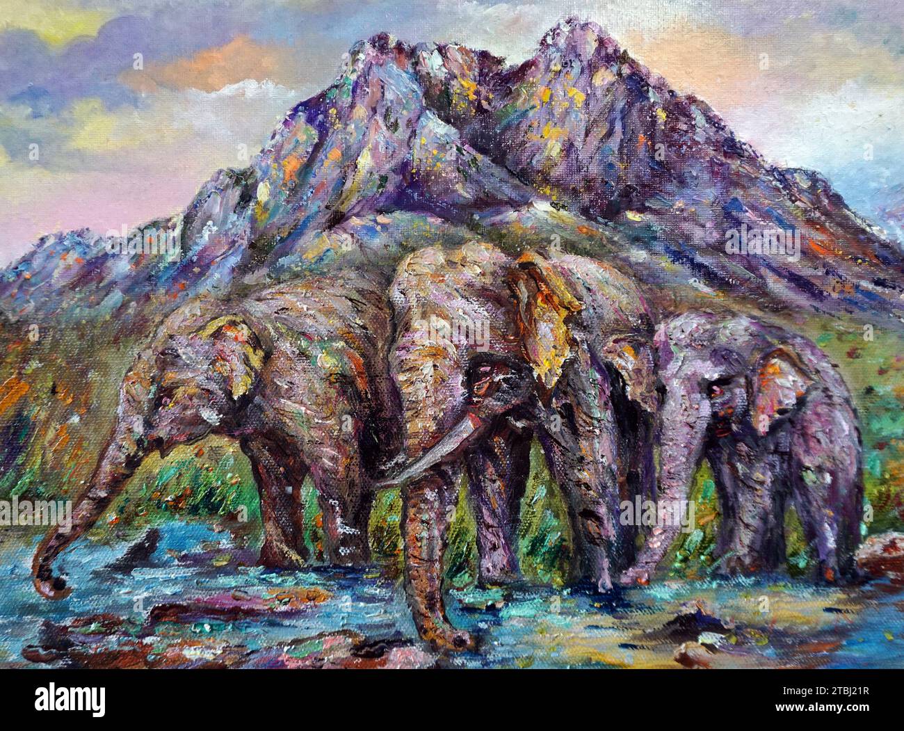 Art painting Oil color elephant family in forest Stock Photo - Alamy