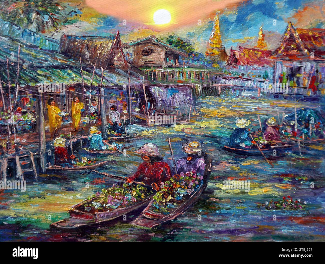 Original art painting Oil color Floating market Thailand countryside ...