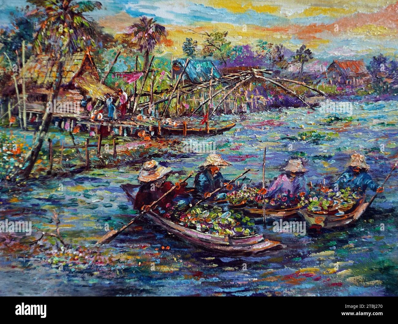 Original art painting Oil color Floating market Thailand countryside ...