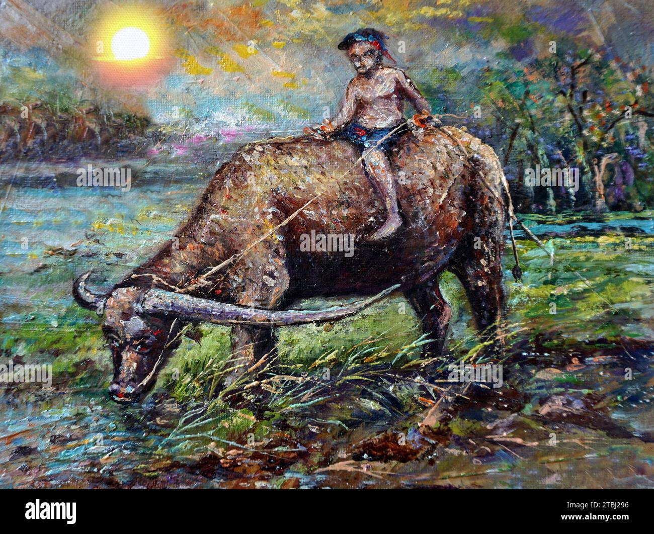 Art painting Oil color Hut northeast Thailand Countryside , Child ...