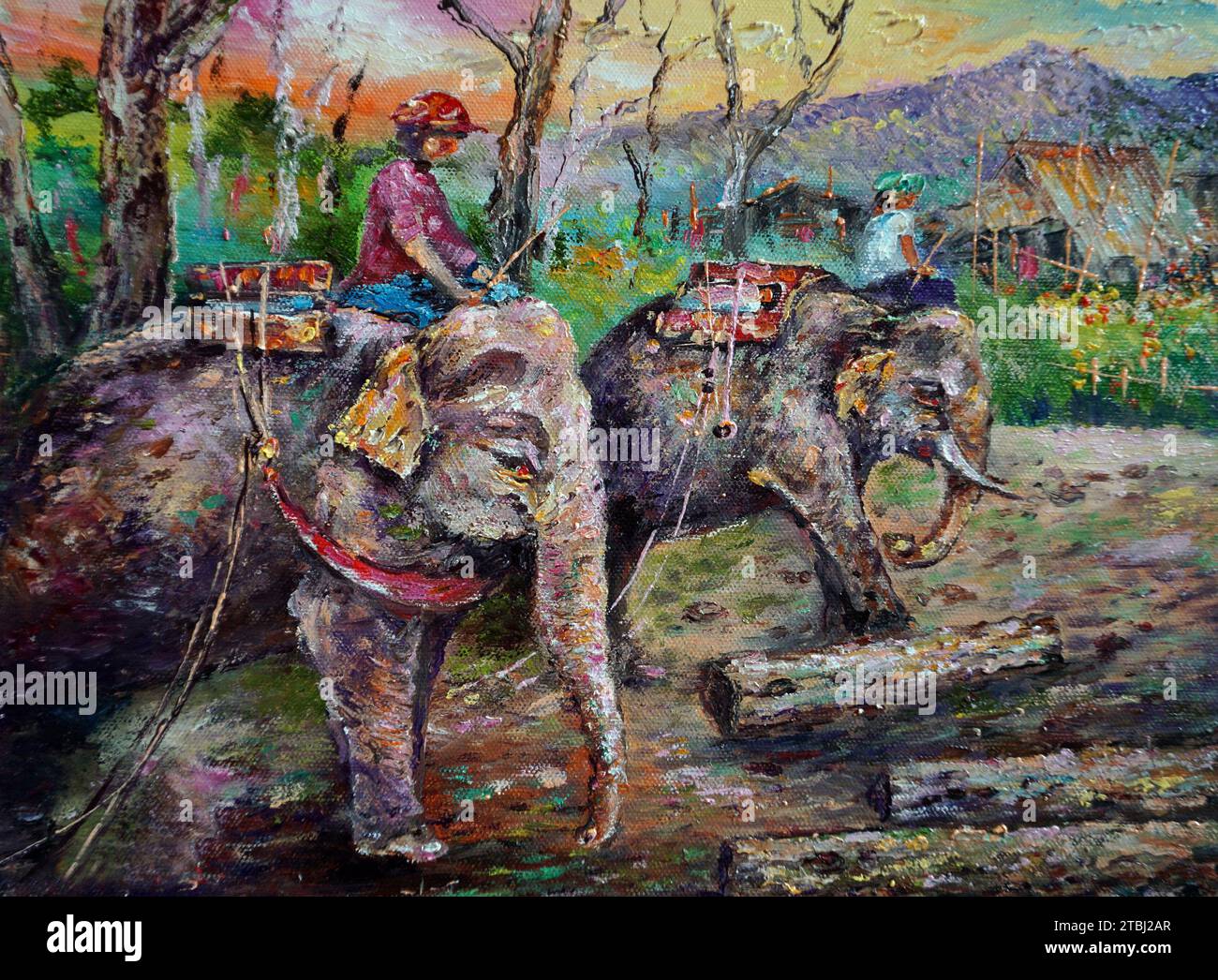Art painting Oil color elephant hauling logs Stock Photo - Alamy
