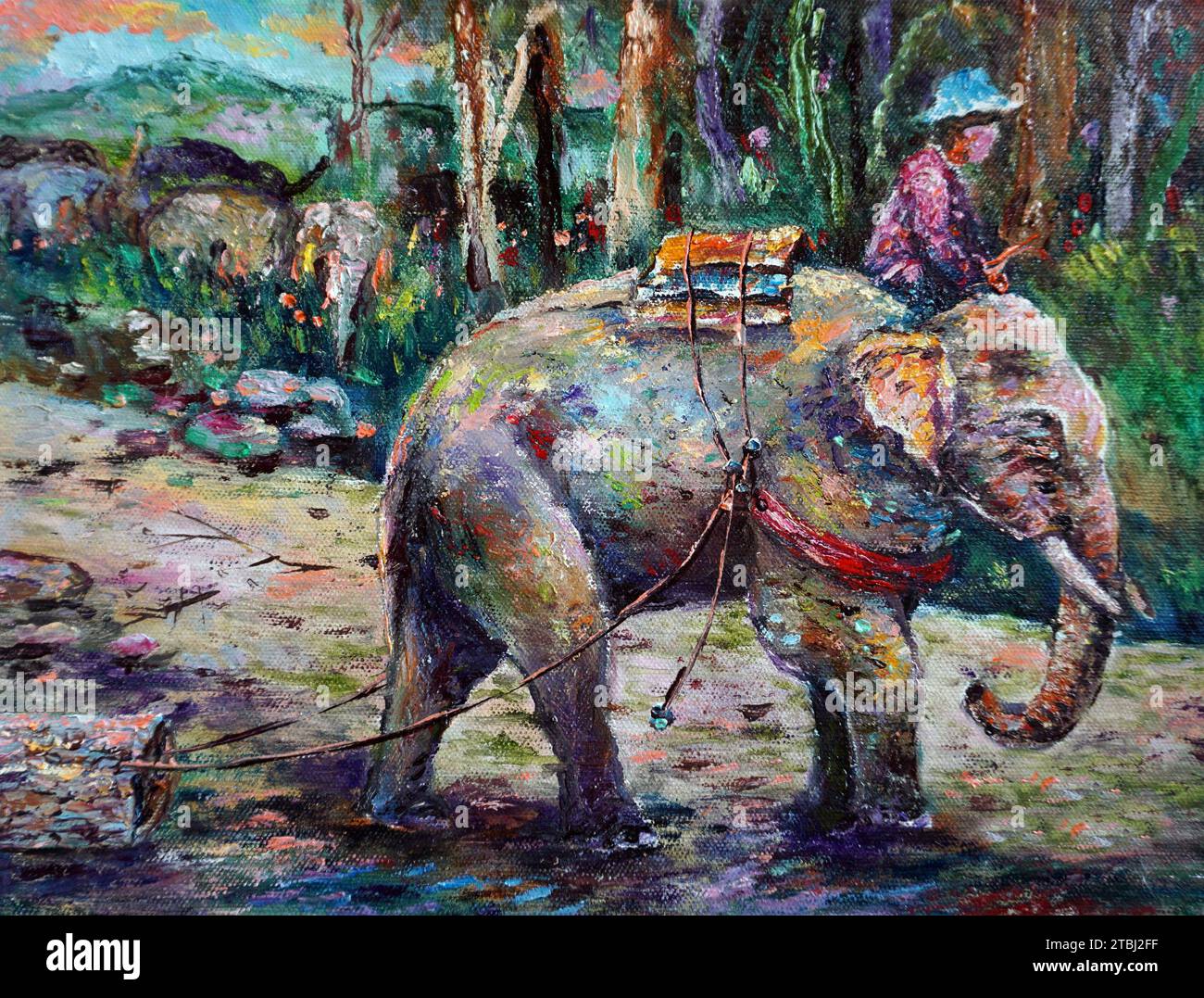 Art painting Oil color elephant hauling logs Stock Photo - Alamy