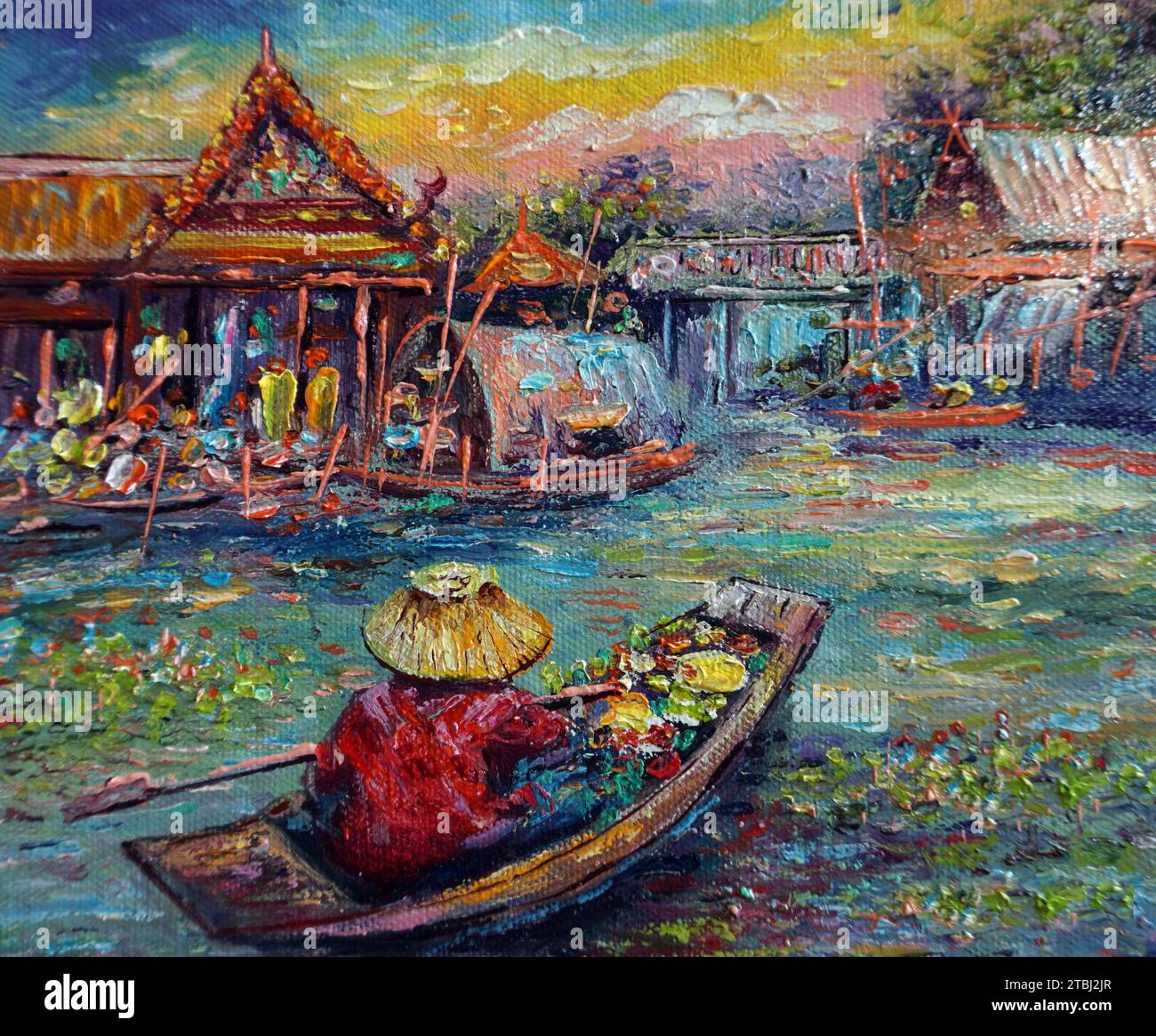 Original art painting Oil color Floating market Thailand countryside ...