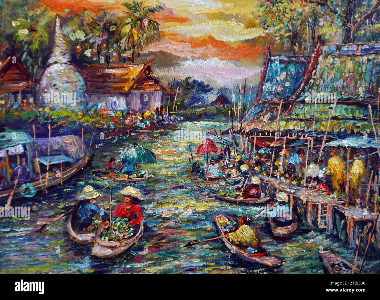 Original art painting Oil color Floating market Thailand countryside ...