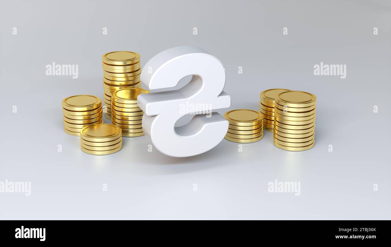 White Hryvnia money symbol with Stacks of gold coins around on a soft ...