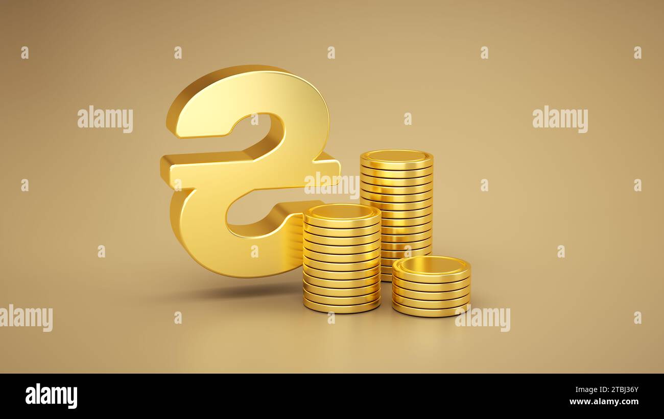 Golden Hryvnia money symbol with Stacks of gold coins on a beige studio ...