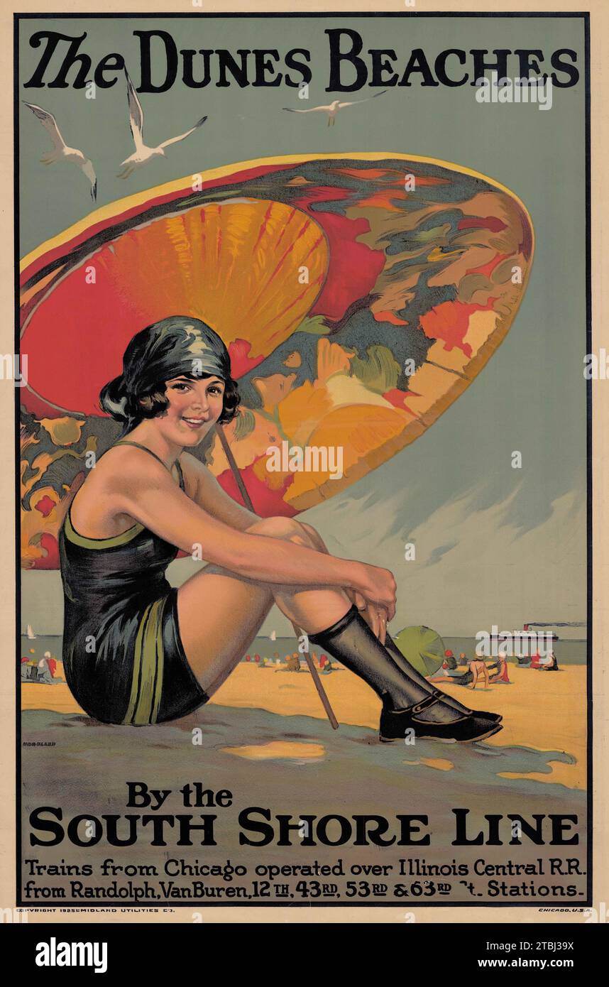 Old American travel poster - The dunes beaches by the South Shore Line, 1925 - railroad poster ...