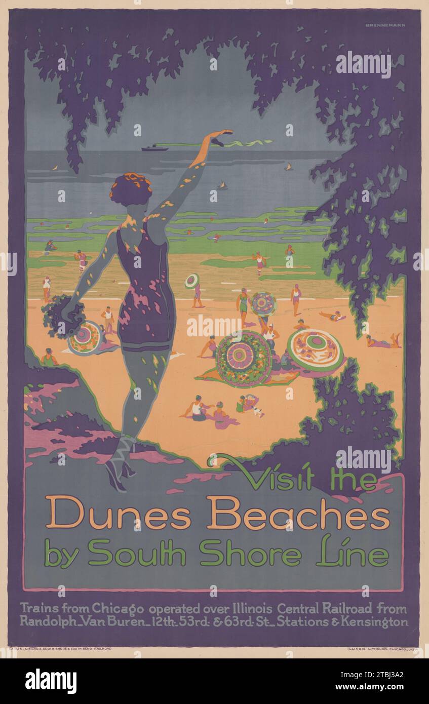 Old American travel poster - Visit the dunes beaches by South Shore ...