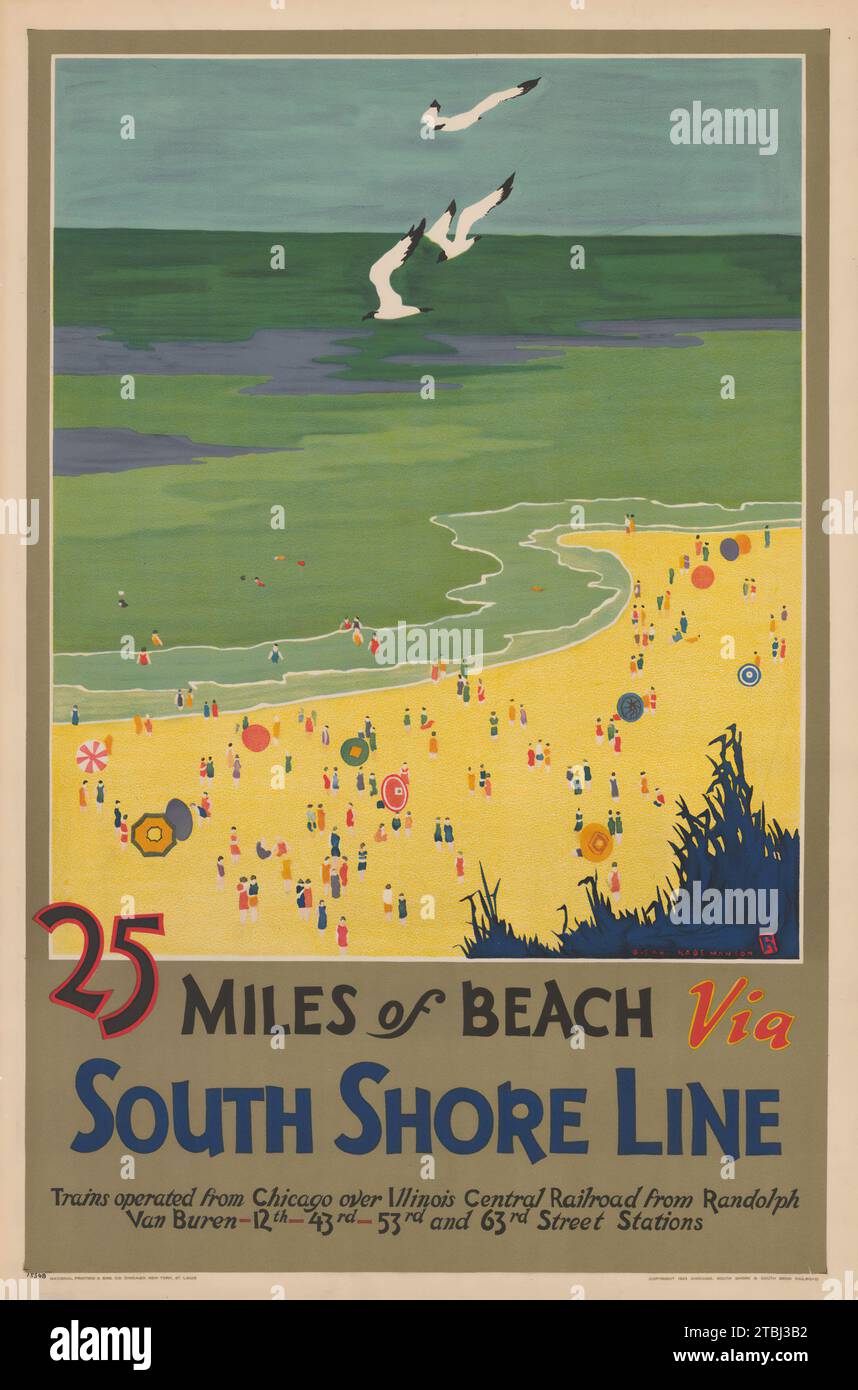 Old American travel poster - 25 miles of beach via South Shore Line ...