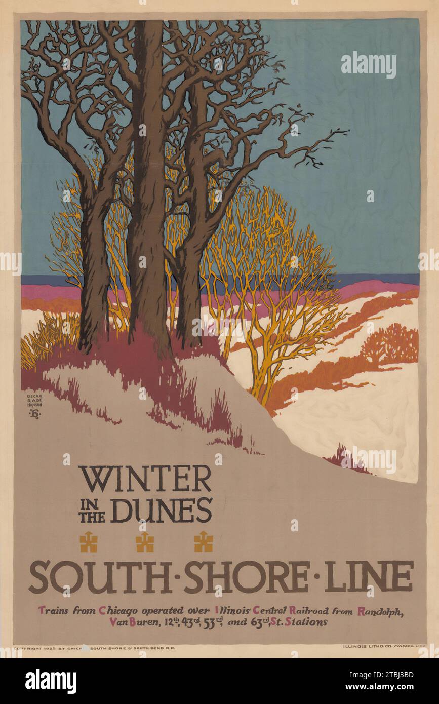 Old American travel poster - Winter in the dunes - South Shore Line ...
