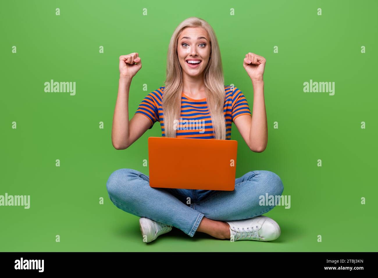 Full body size photo of young girl celebrate big goals achieved good ...