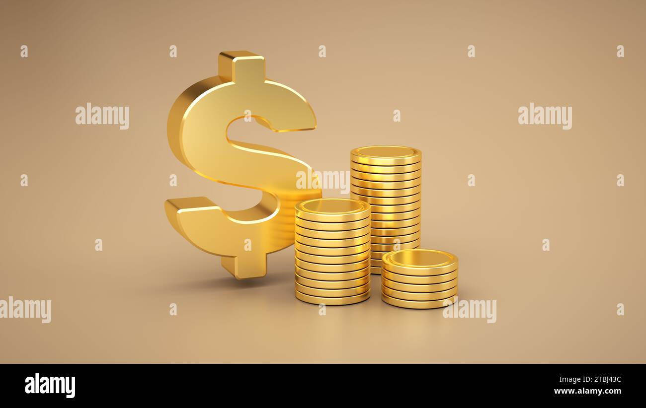 Golden Dollar money symbol with Stack of gold coins on a beige studio ...