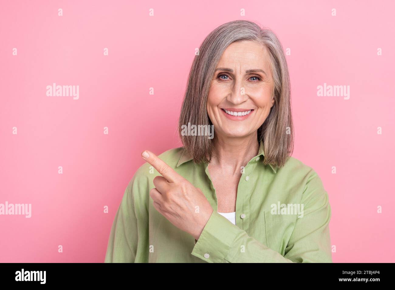 Photo of elderly business woman grey hair smiling direct finger ...