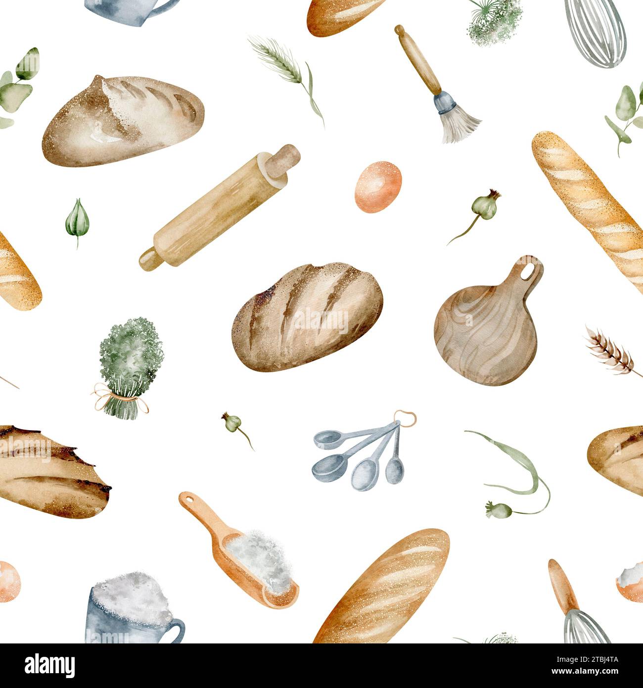 Baking bread background. Watercolor seamless pattern food hand drawn on ...