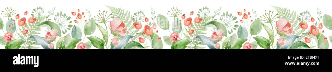 Greenery floral seamless border. Watercolor botanical foliage boundary ...