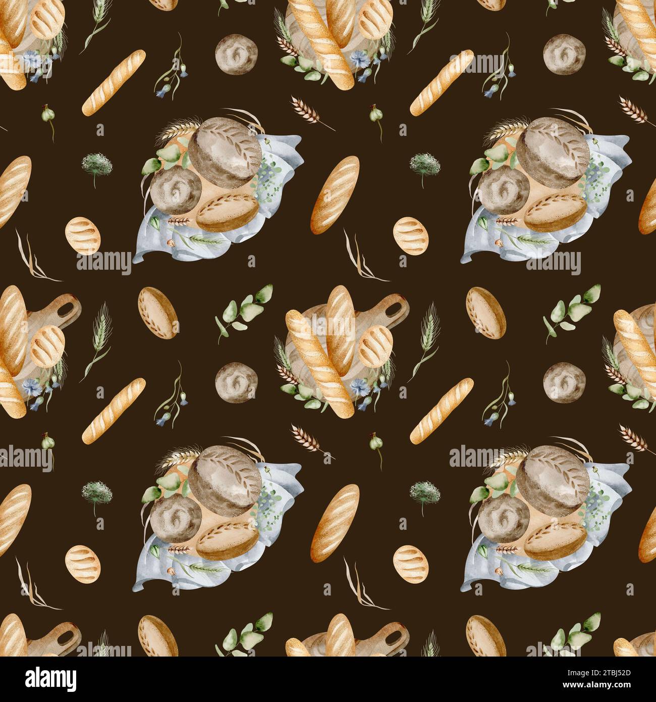 Baking bread background. Watercolor seamless pattern of prepared food ...