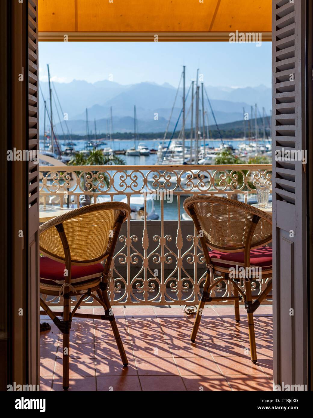 View of the Calvi Marina from inside a restaurant. Calvi, Corsica ...
