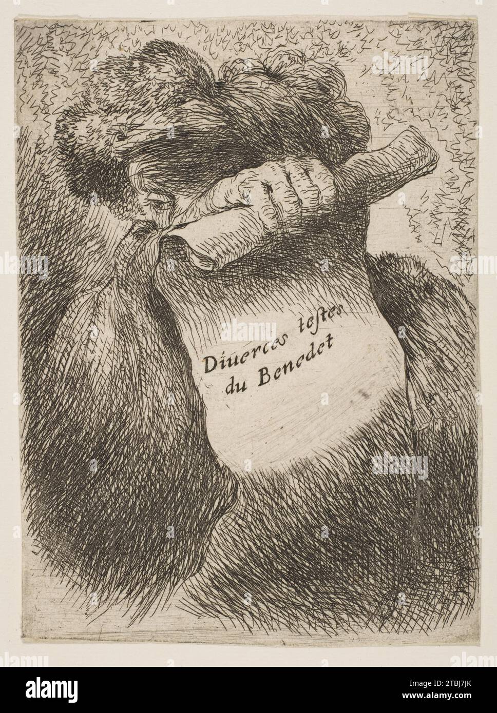 Man holding a scroll in front of his face, from "Small Heads in ...