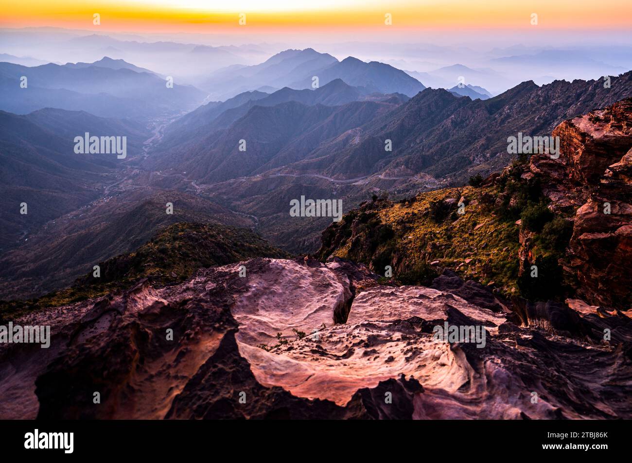 Colorful landscape background at sunrise in the Asir Mountains in Saudi ...