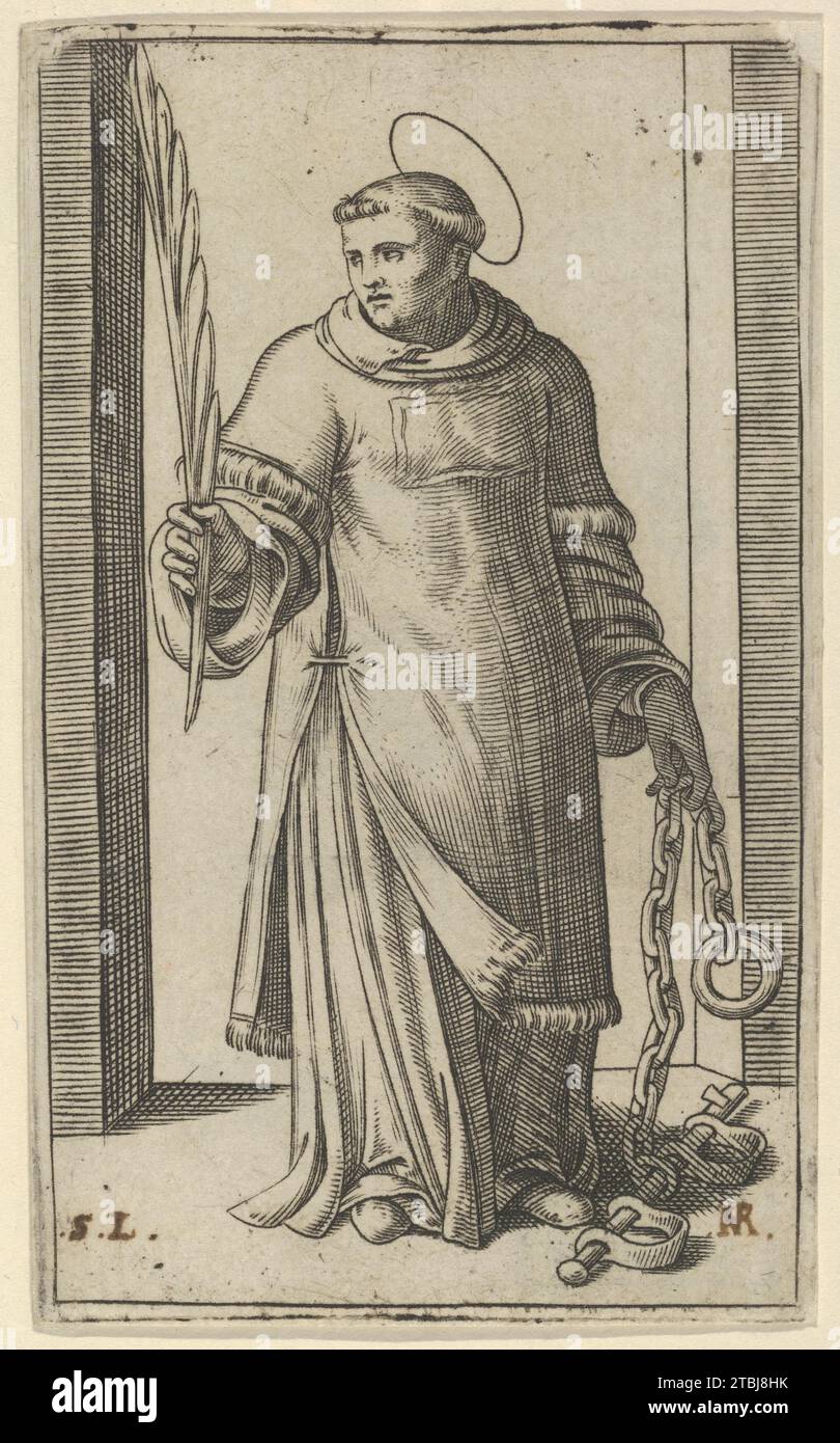 St Leonard standing holding a palm in his right hand and chains in his ...