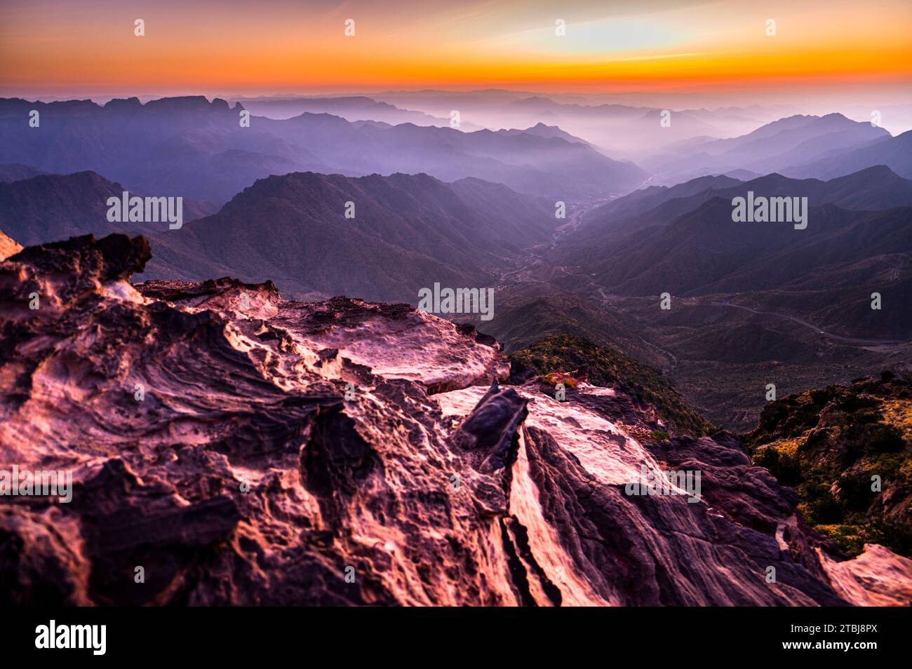 Colorful landscape background at sunrise in the Asir Mountains in Saudi ...