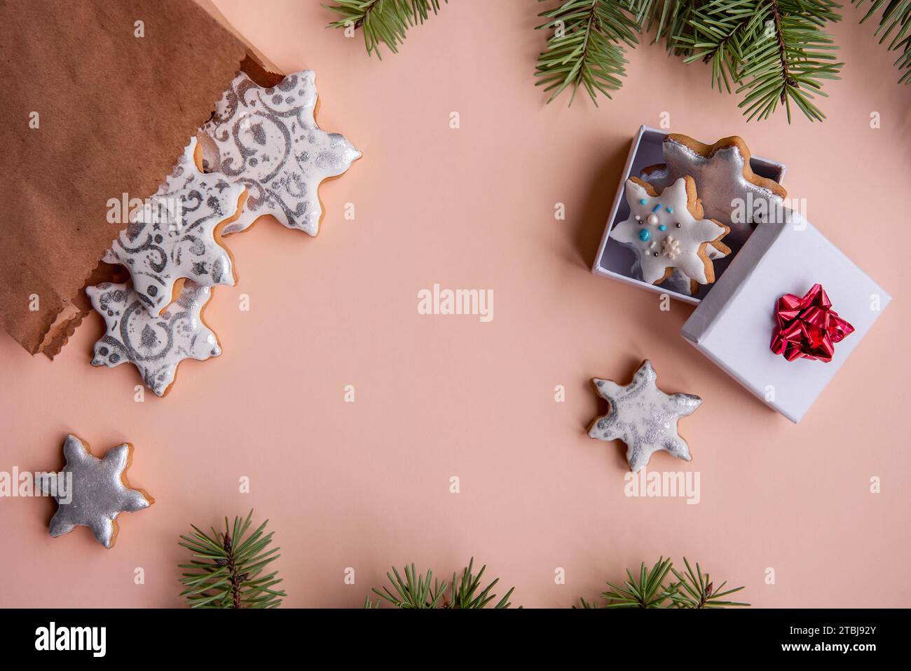 On peach fuzz isolated background lie craft bag with silver gingerbread ...