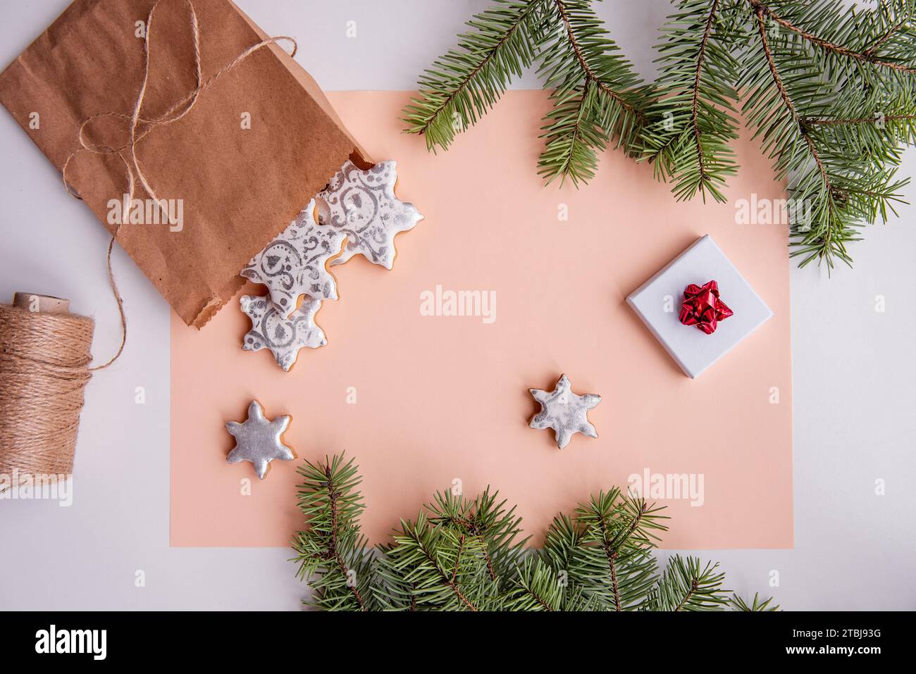 On peach fuzz isolated background lie craft bag with silver gingerbread ...