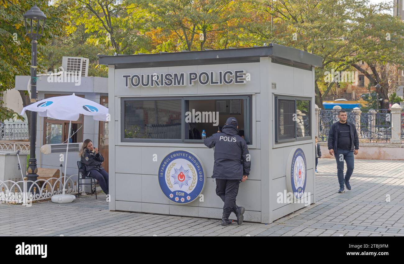 Istanbul, Turkey - October 18, 2023: Tourism Police Kiosk Booth Security Force at Sultan Ahmet ...
