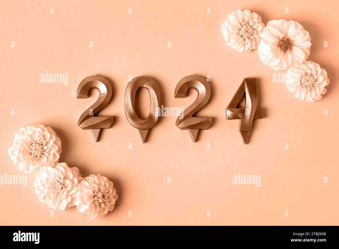 Numbers And Dahlia Flowers 2024 New Year Idea Concept Trendy Color Of