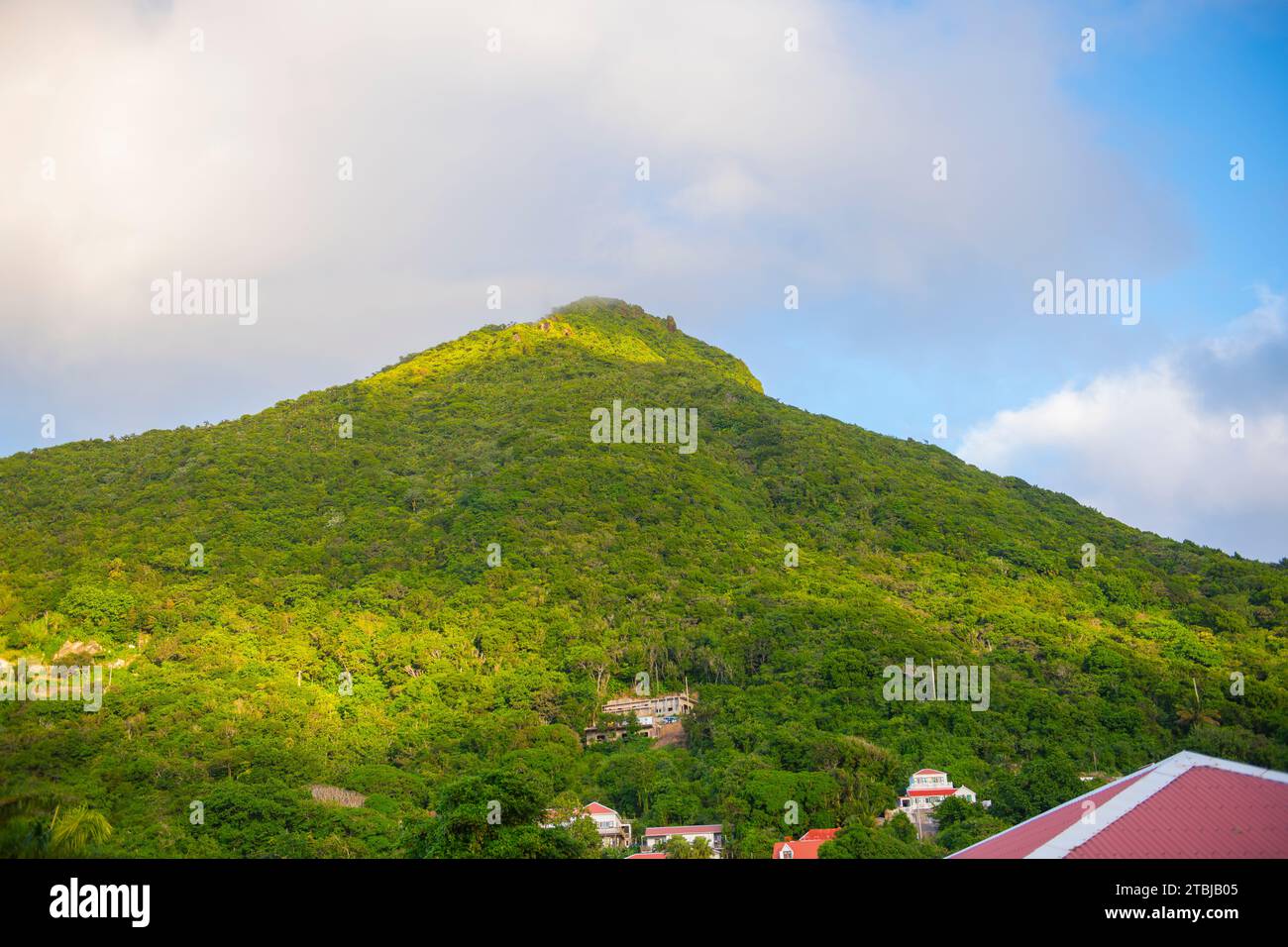 Windwardside historic town center in the morning with Mount Scenery at ...