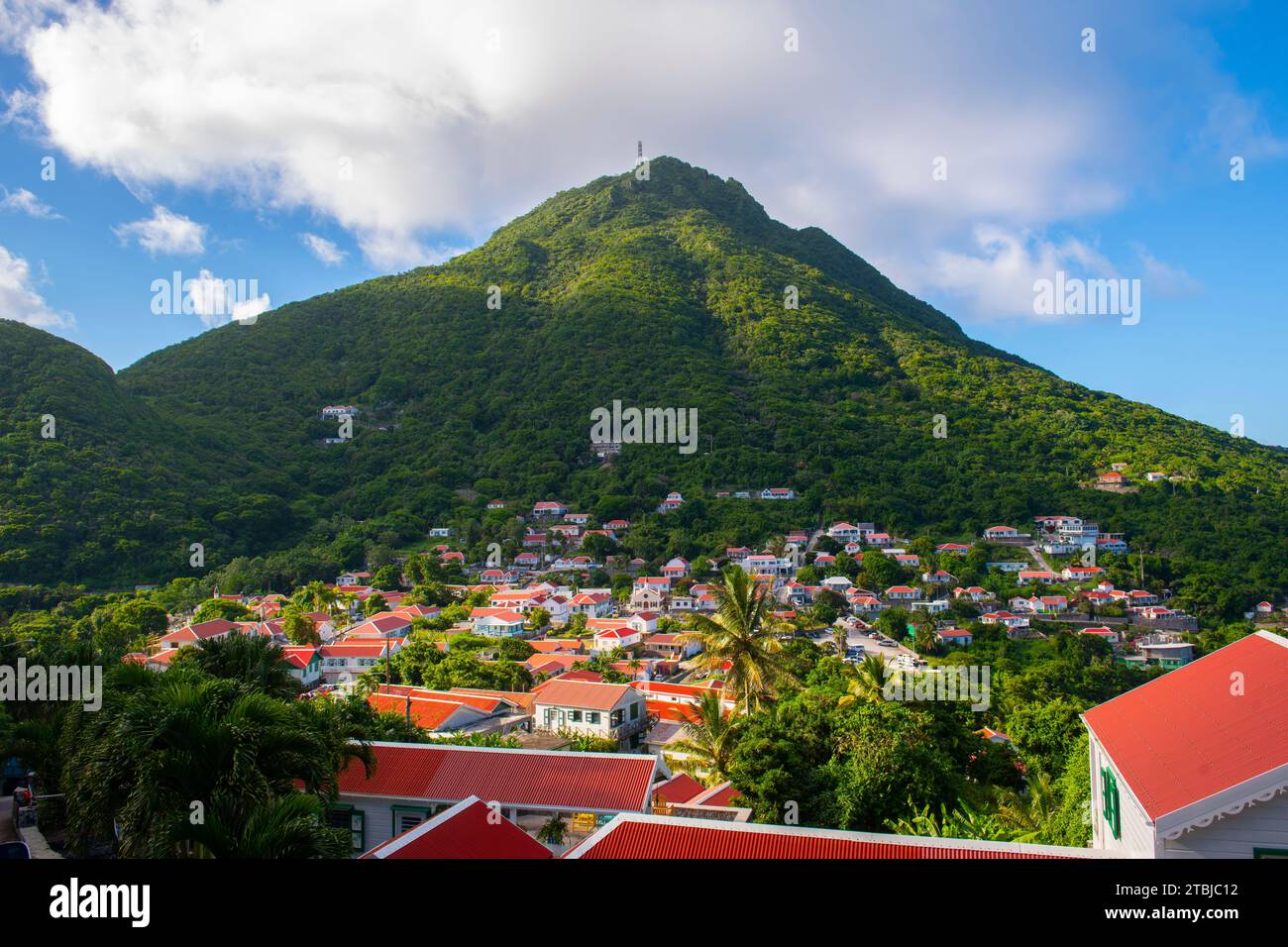 Windwardside historic town center in the morning with Mount Scenery at ...