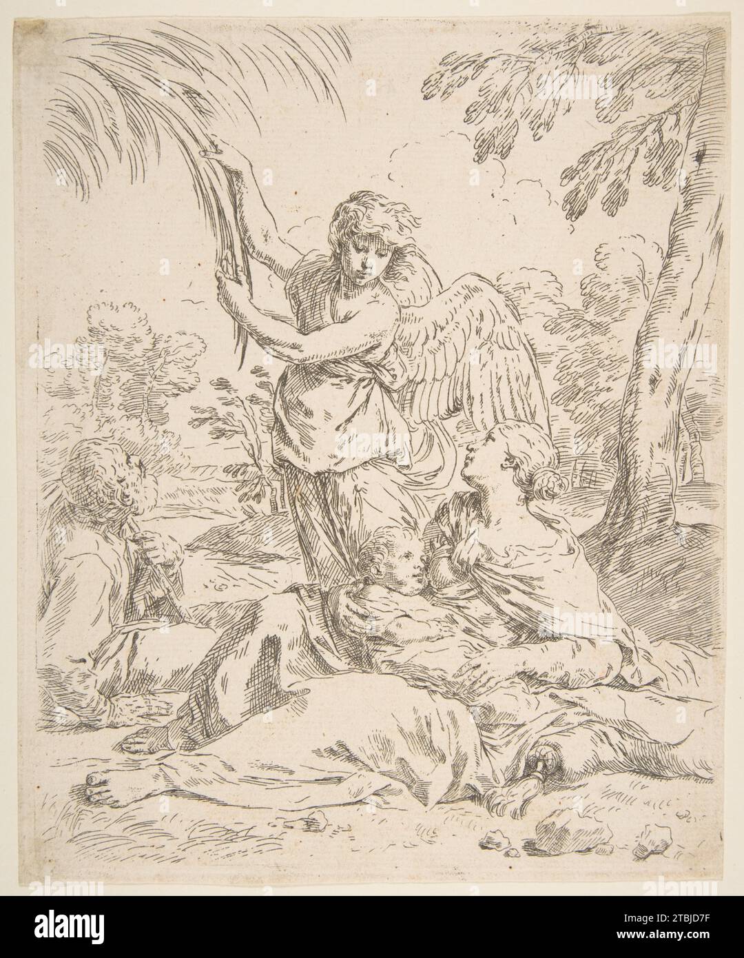 Repose in Egypt, Mary nursing the infant Christ while an angel pulls at ...