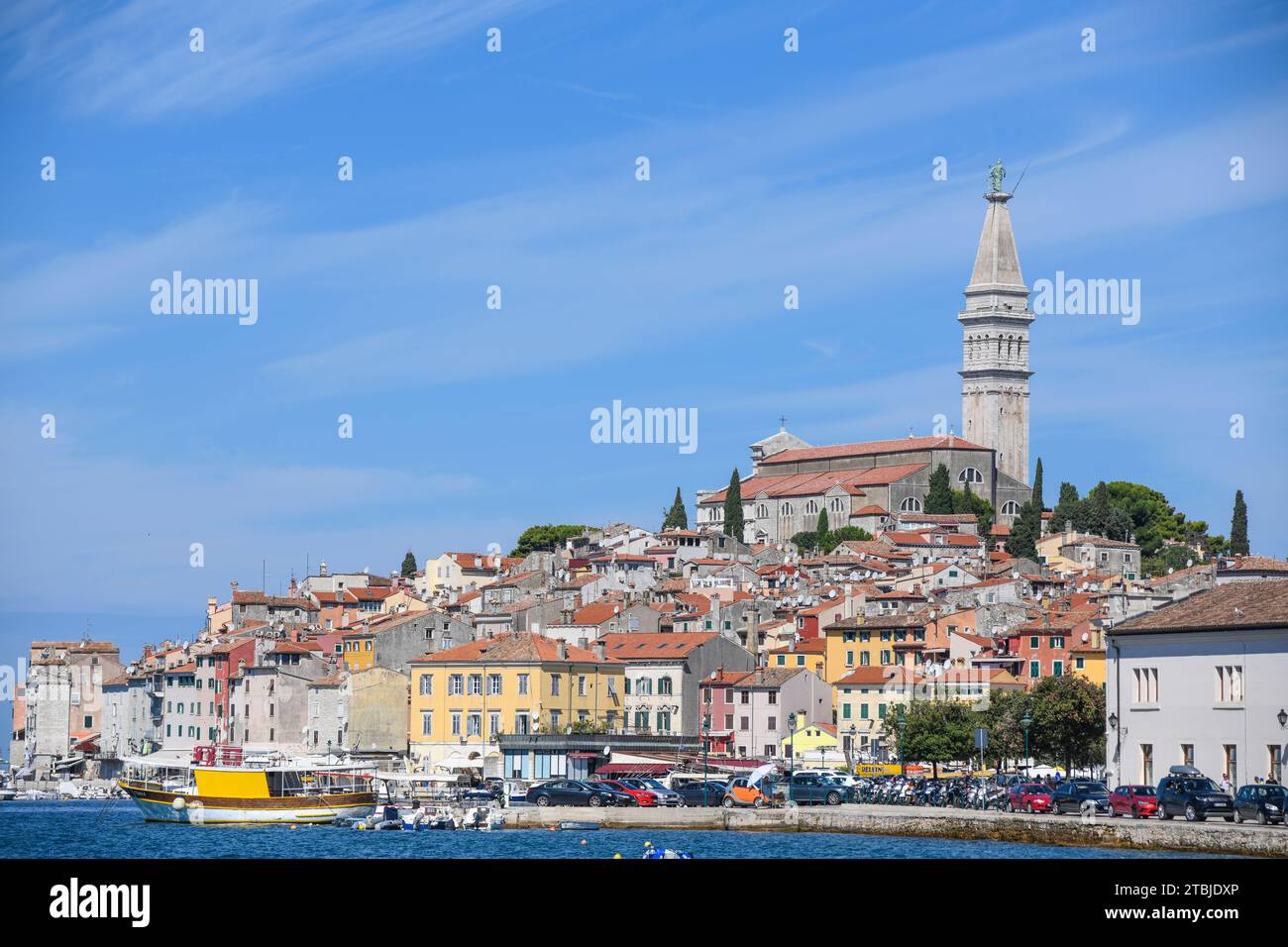 Rovinj: port and old town skyline, with the Church of Saint Euphemia ...