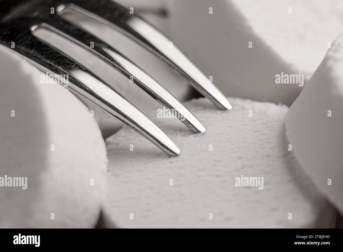 Pieces of fresh sliced goat cheese and a steel fork. Delicacy dairy ...