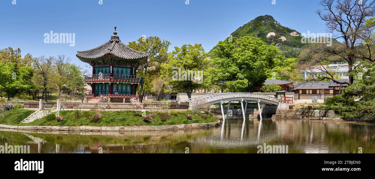 A pavilion on a small island with a white bridge, korean histora and ...