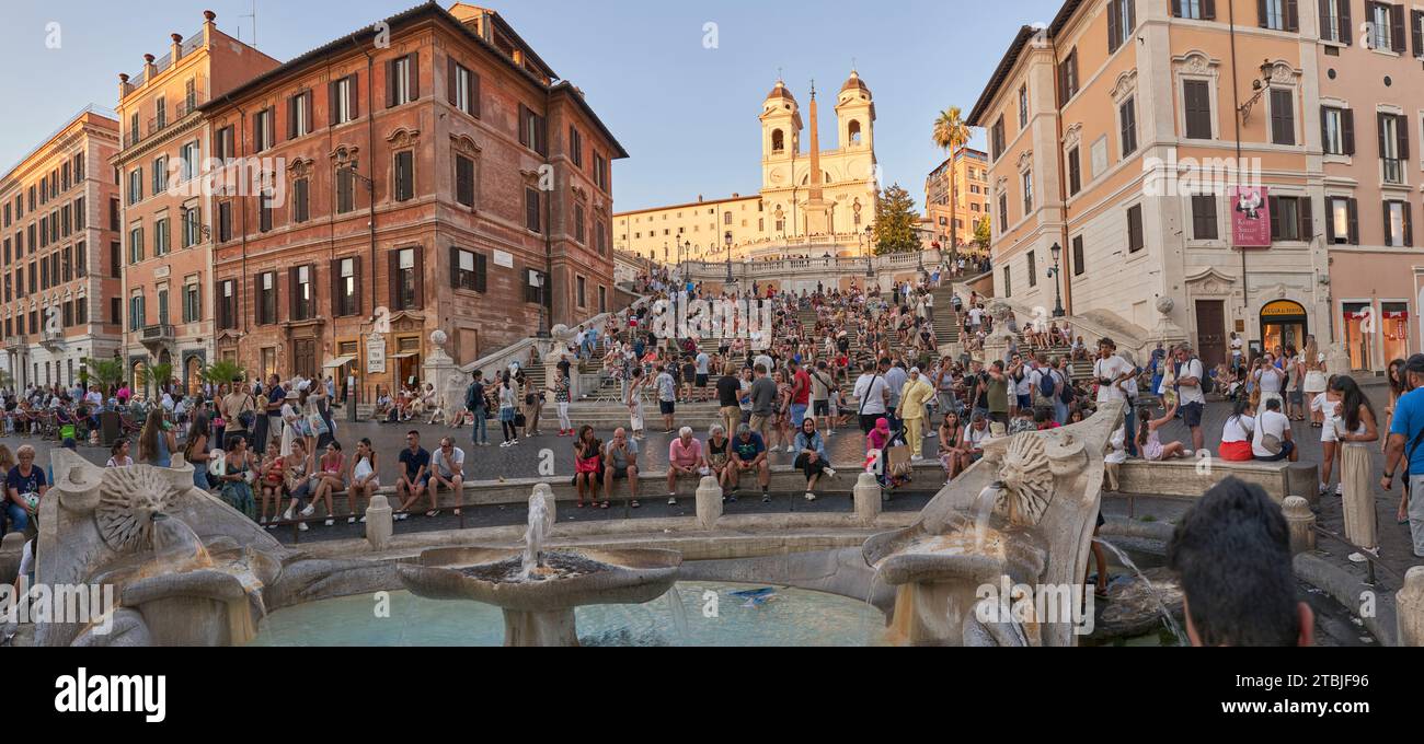 Panoramic image of crowded Spanish stairs in the sunset, Rome, Italy ...