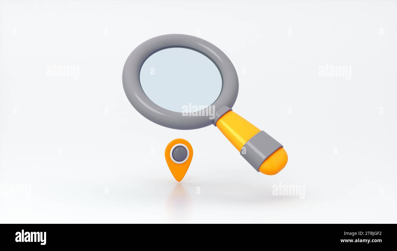 3D Location on Magnifying Glass with pointer sign on soft white ...