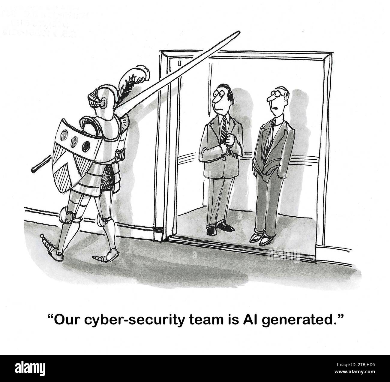 B&W cartoon of a medieval knight walking past two professionals. The ...