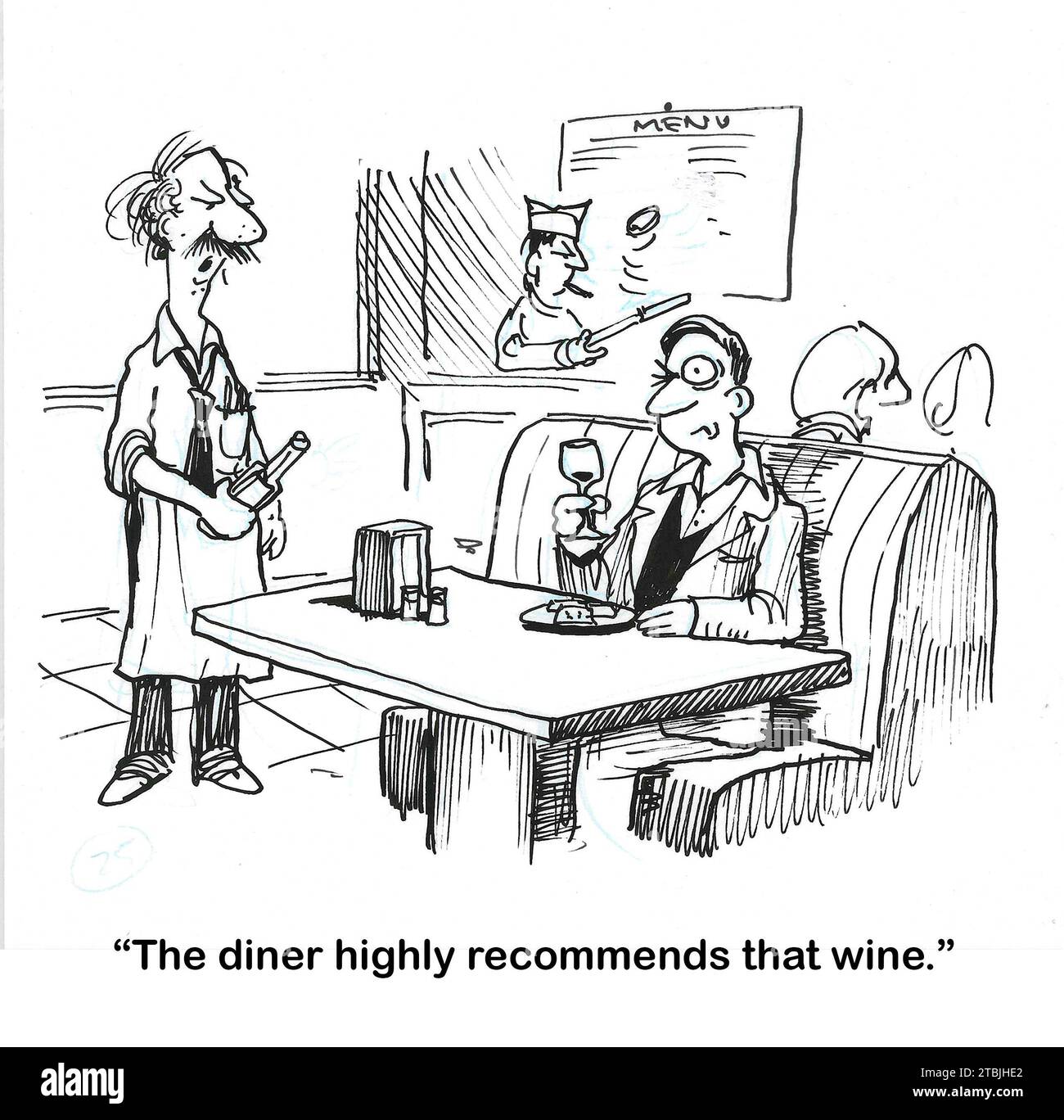 B&W cartoon of a waiter at a diner recommending an inexpense, poor ...