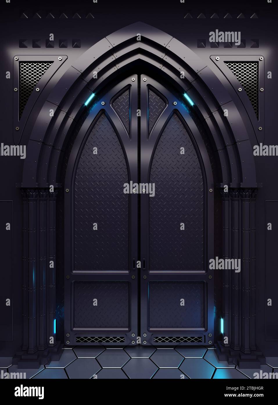 3D illustration. Concept background gothic arch spaceship. Gateway ...