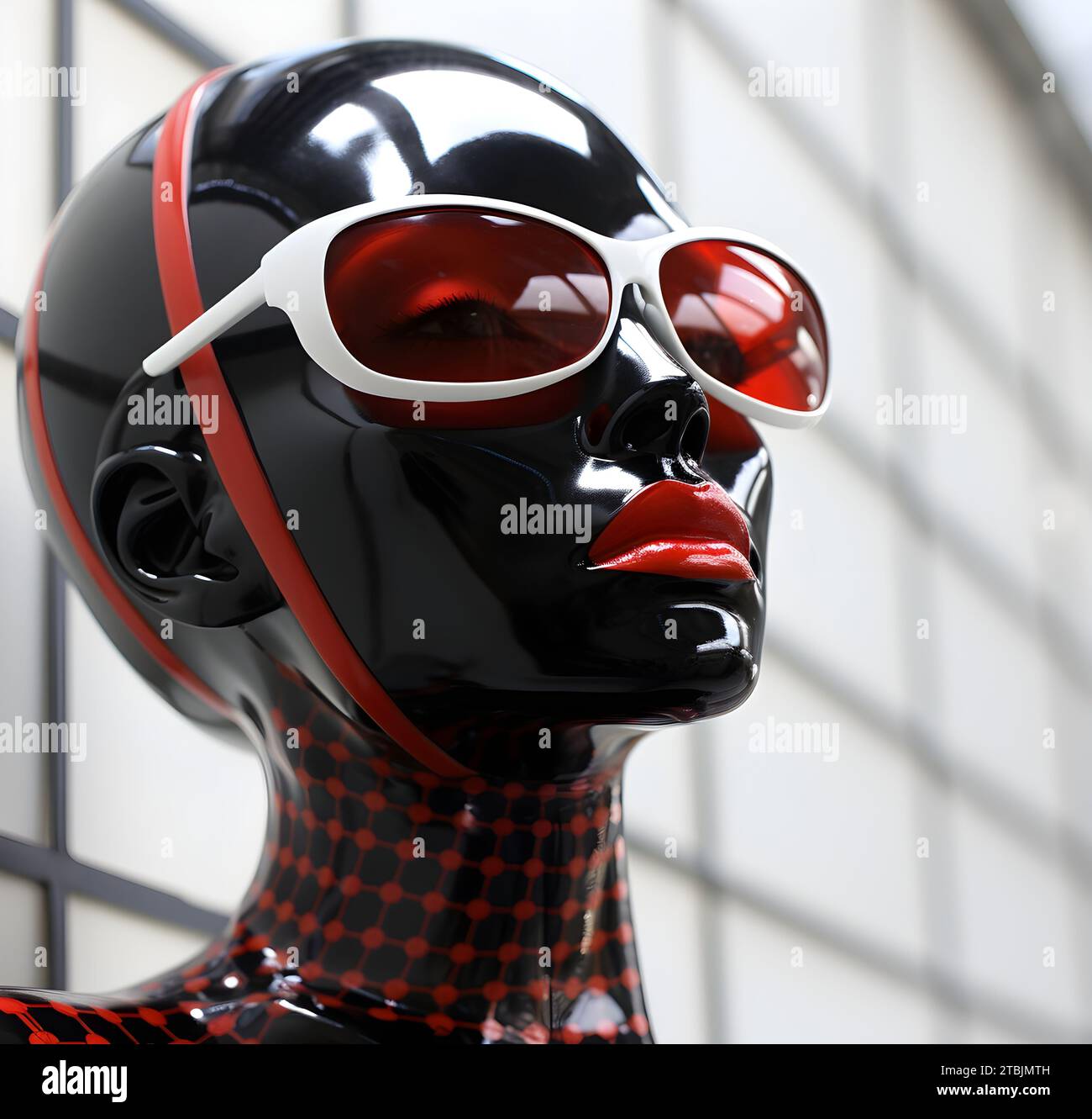 A faceless mannequin in a modern outfit is displayed wearing a red and ...