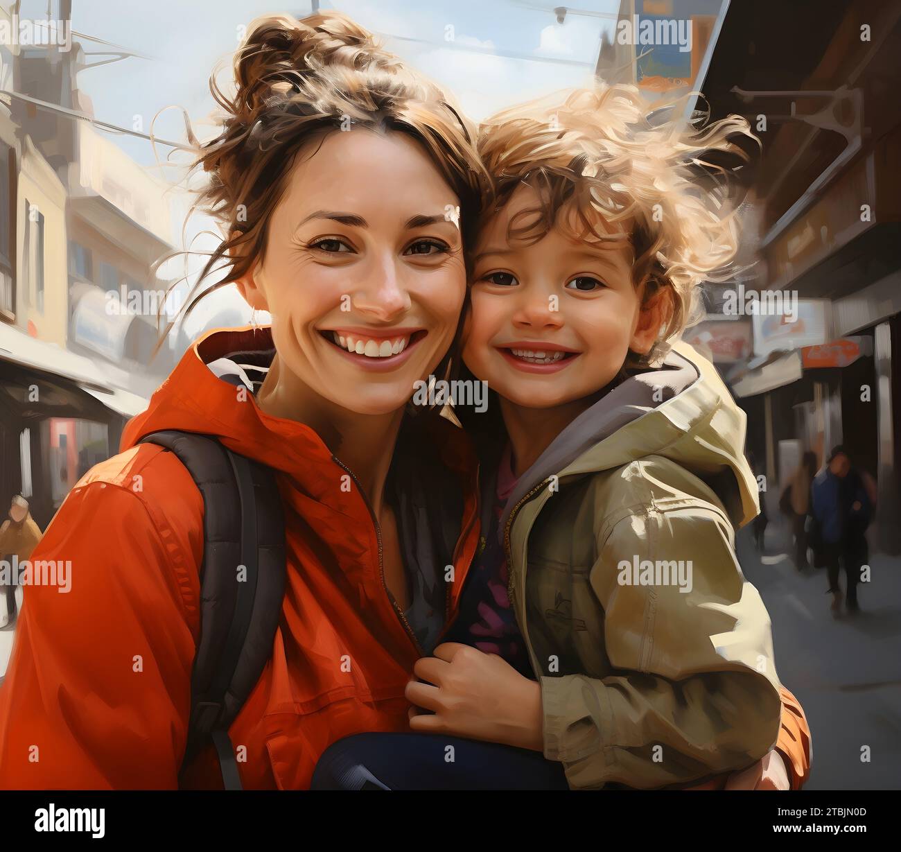 A pleasant scene of an affectionate mother and her son in a public ...